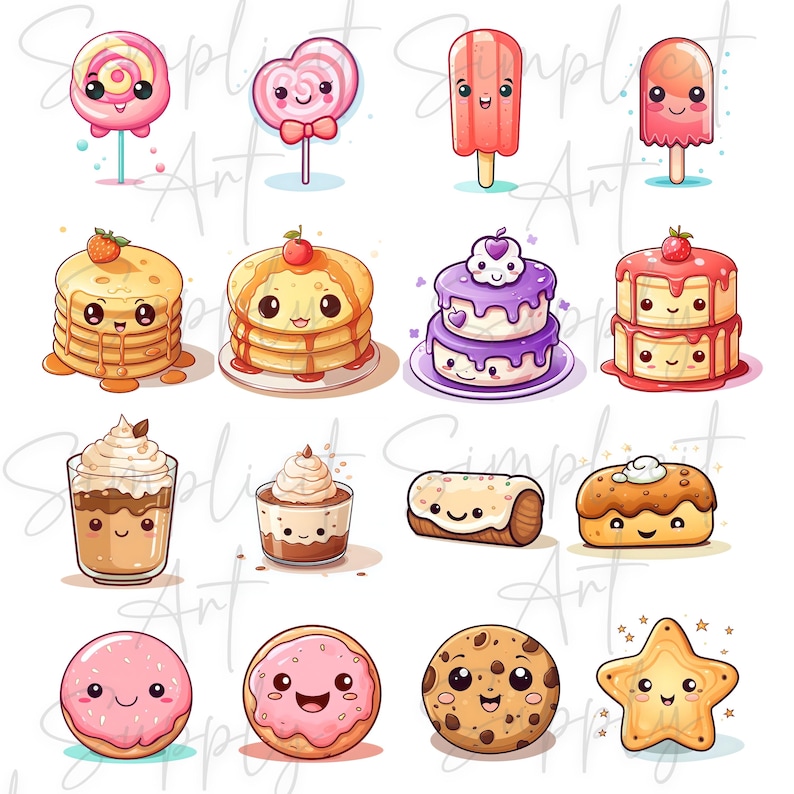 Watercolor Kawaii Desserts Clipart - 24 Cute Food Pngs for Nursery ...