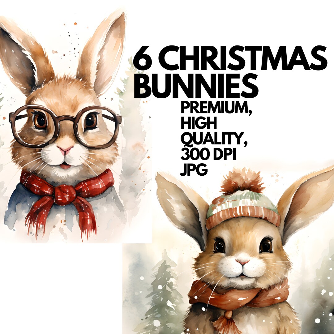 Cute Christmas Bunny Clipart Set - 6 JPG Xmas Bunnies for Commercial ...