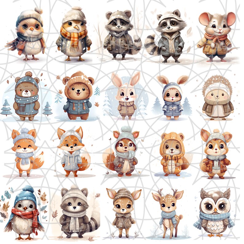 Watercolor Woodland Animals in Winter Clothes Clipart - 20 Cute Winter ...