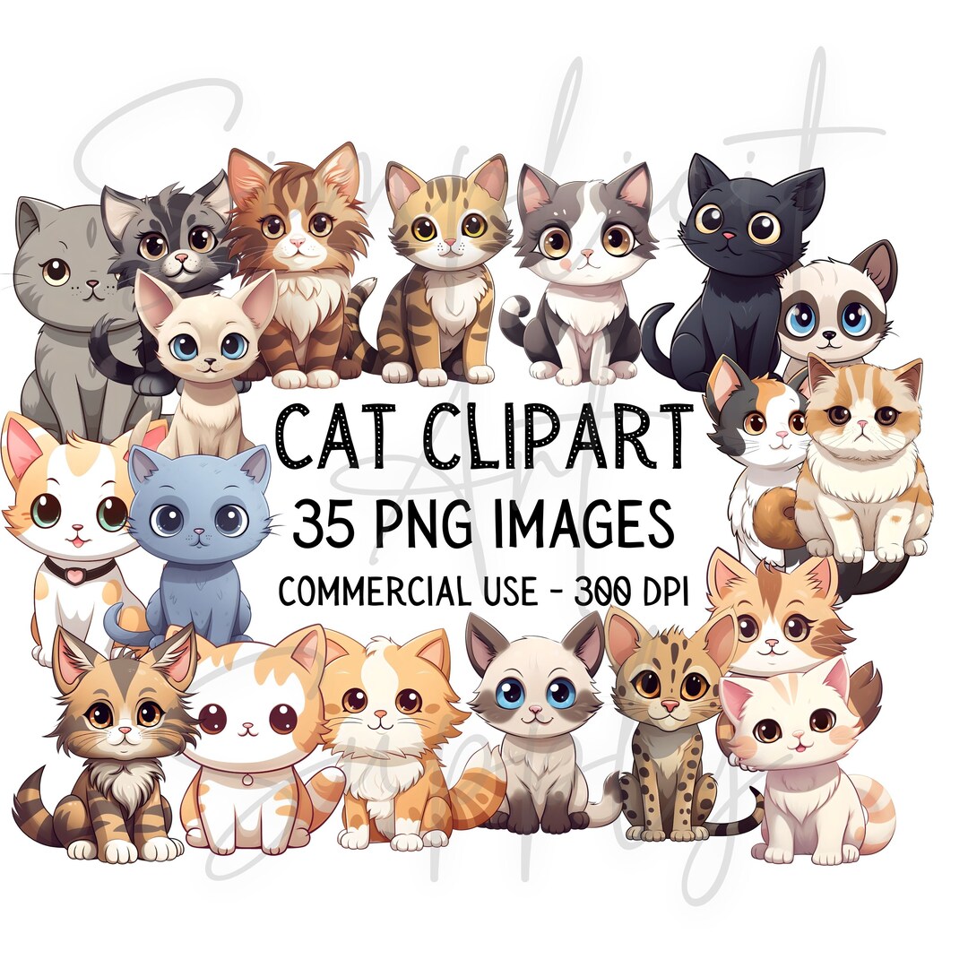 35 Cute Kawaii Cats PNG Clipart Bundle, Card Making Graphics, Kitten ...