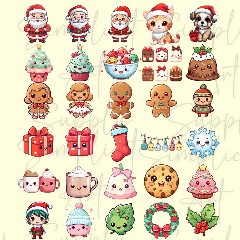 60 Kawaii Christmas Clipart Winter Clip Art Bundle PNG, Santa Claus ...