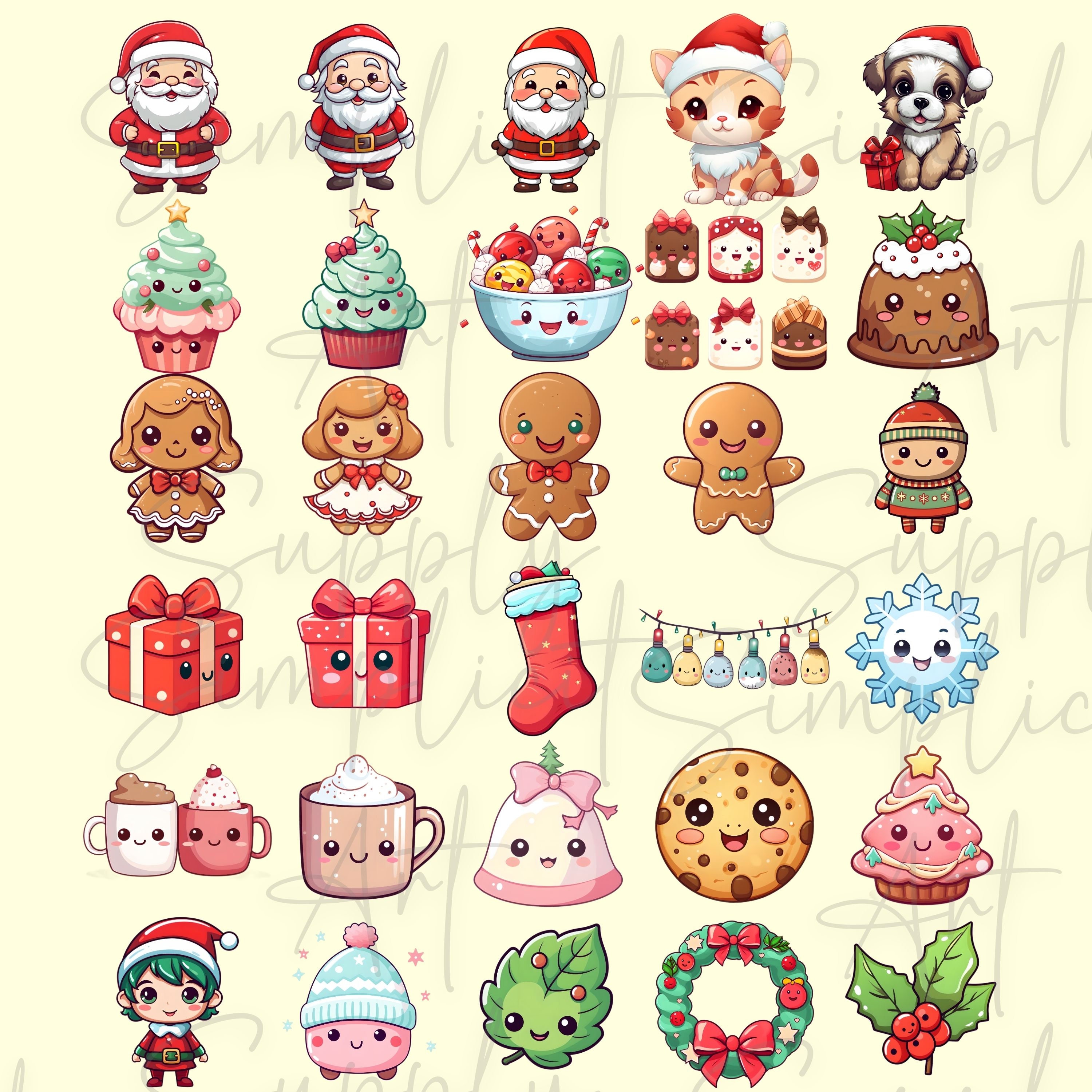 60 Kawaii Christmas Clipart Winter Clip Art Bundle PNG, Santa Claus ...