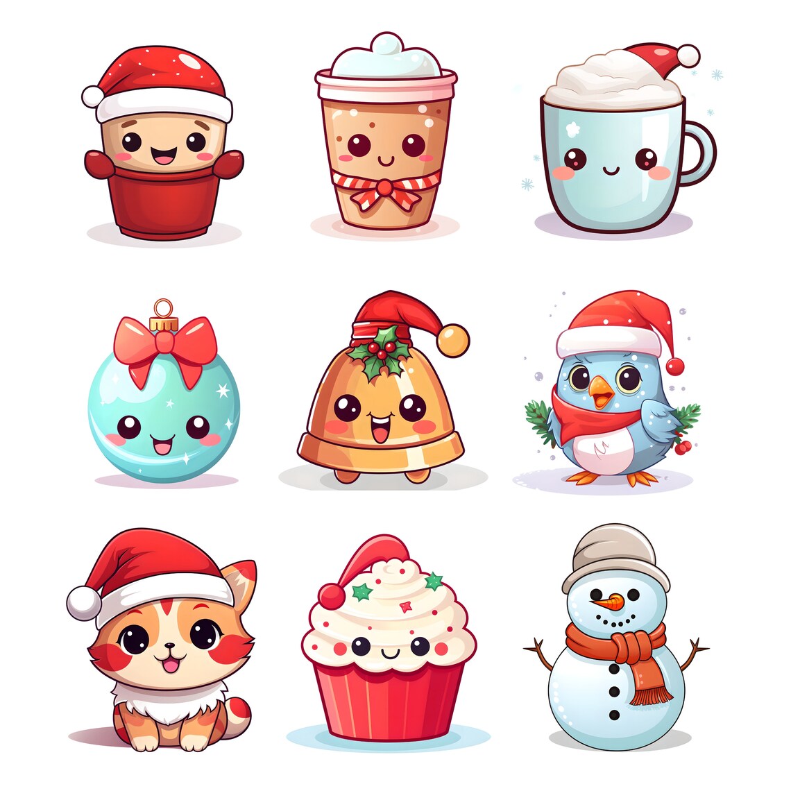 Cute Kawaii Christmas Clipart Bundle - 35 Jpgs of Coffee, Snowmen ...