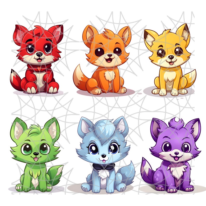 Cute Kawaii Wolf Clipart Bundle 30 Jpgs of Wolves, Wolf Wall Art, Paper ...