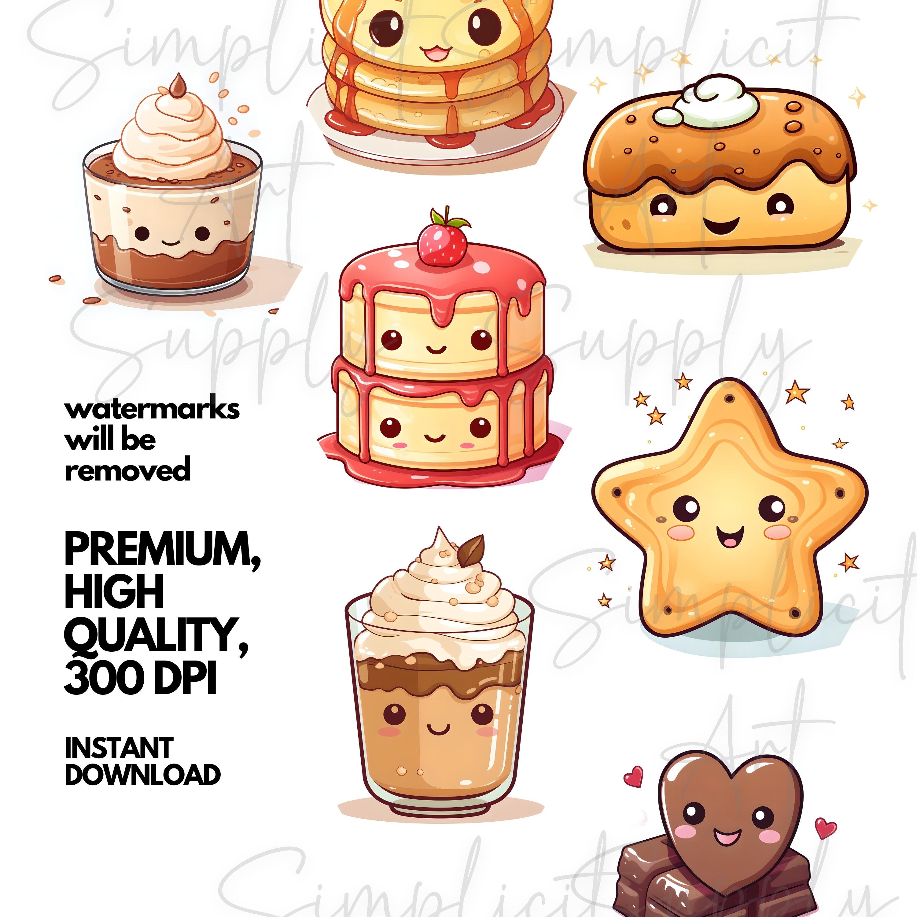 Watercolor Kawaii Desserts Clipart - 24 Cute Food Pngs for Nursery ...
