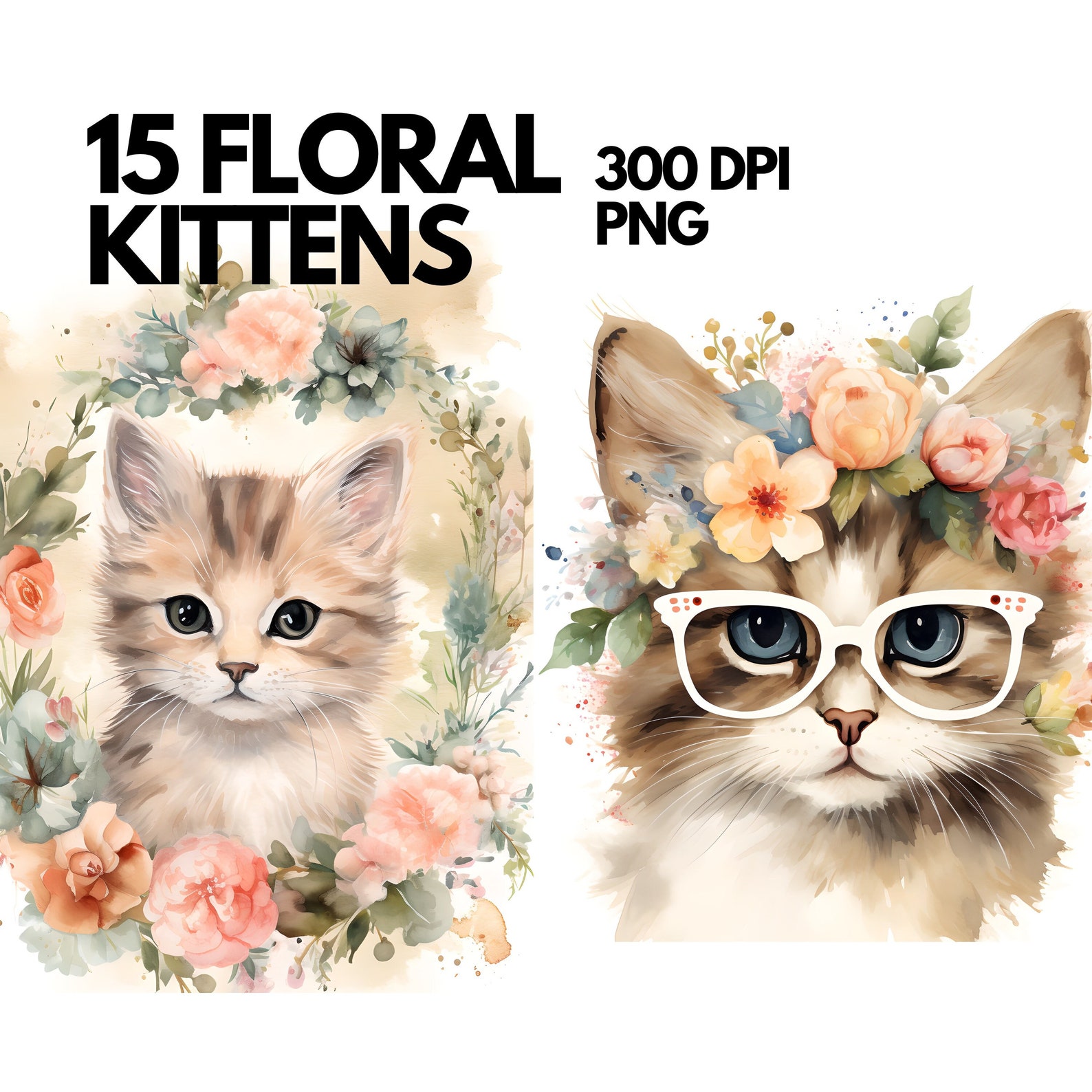 Floral Kittens Digital Illustration Bundle, Digital Clipart, Digital ...