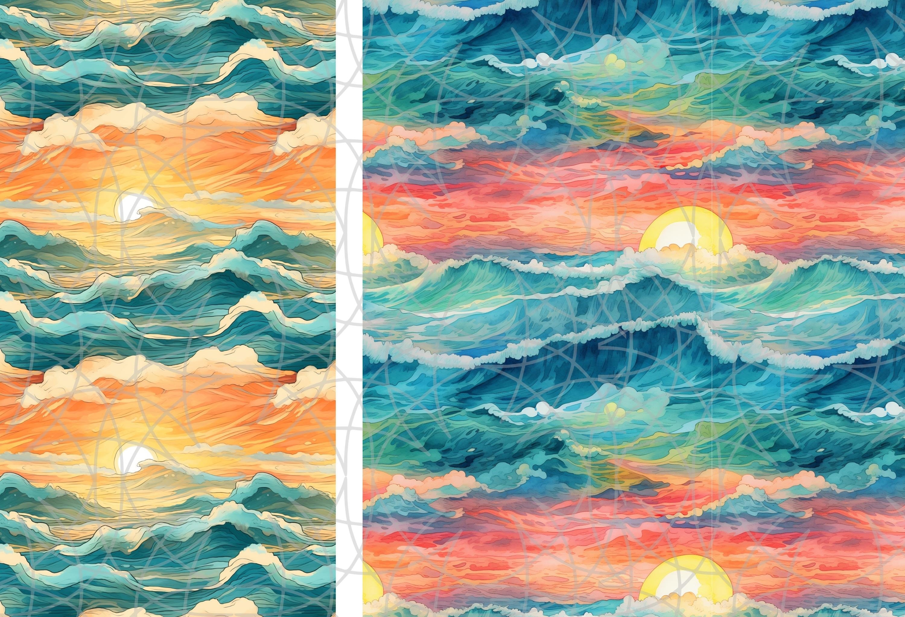 Watercolor Sunset Seamless Pattern, Watercolor Beach Sunset Digital ...