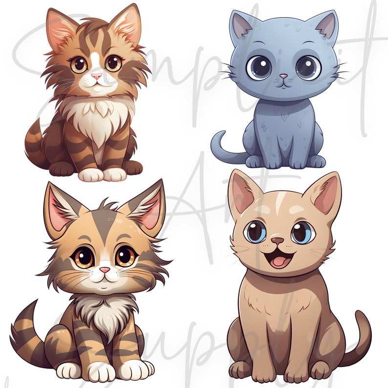 35 Cute Kawaii Cats PNG Clipart Bundle Card Making Graphics - Etsy