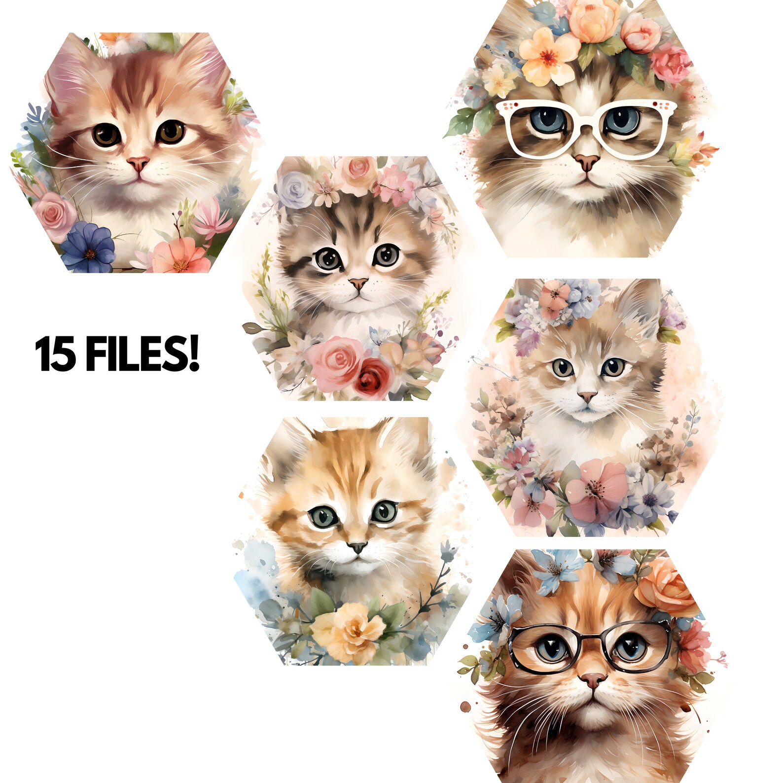Floral Kittens Digital Illustration Bundle, Digital Clipart, Digital ...