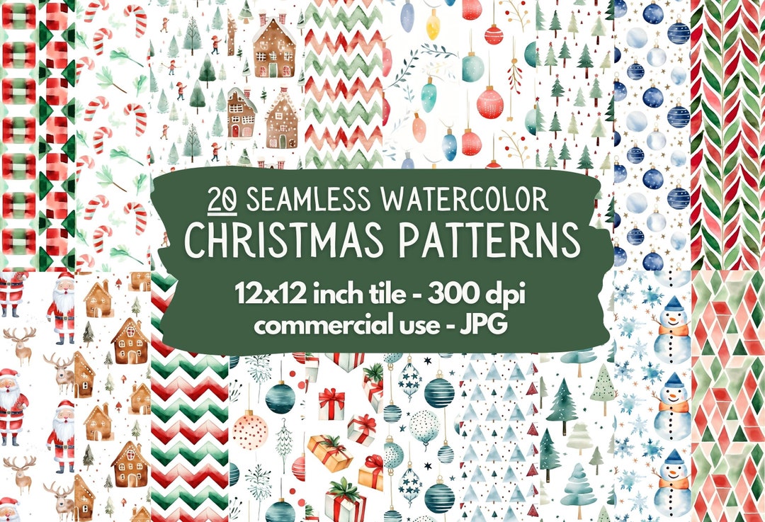 Watercolor Christmas Digital Pattern Paper, Set of 20 Seamless ...