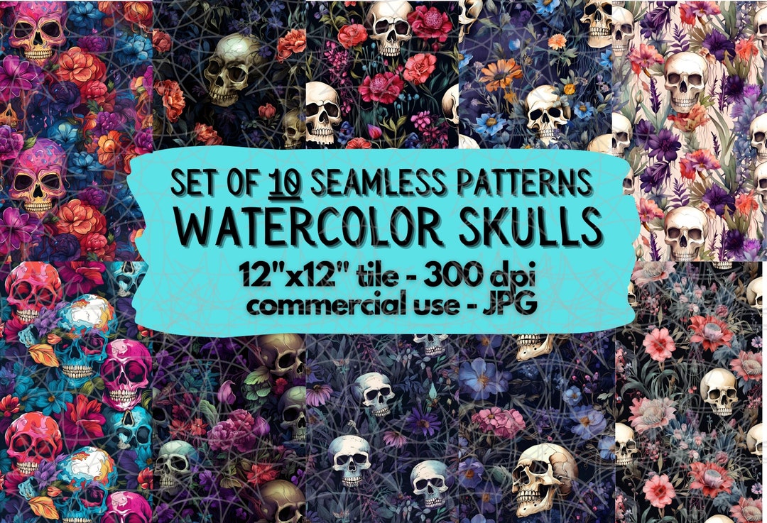 Premium Skull Digital Paper, Seamless Skull Designs, Colorful Skull ...