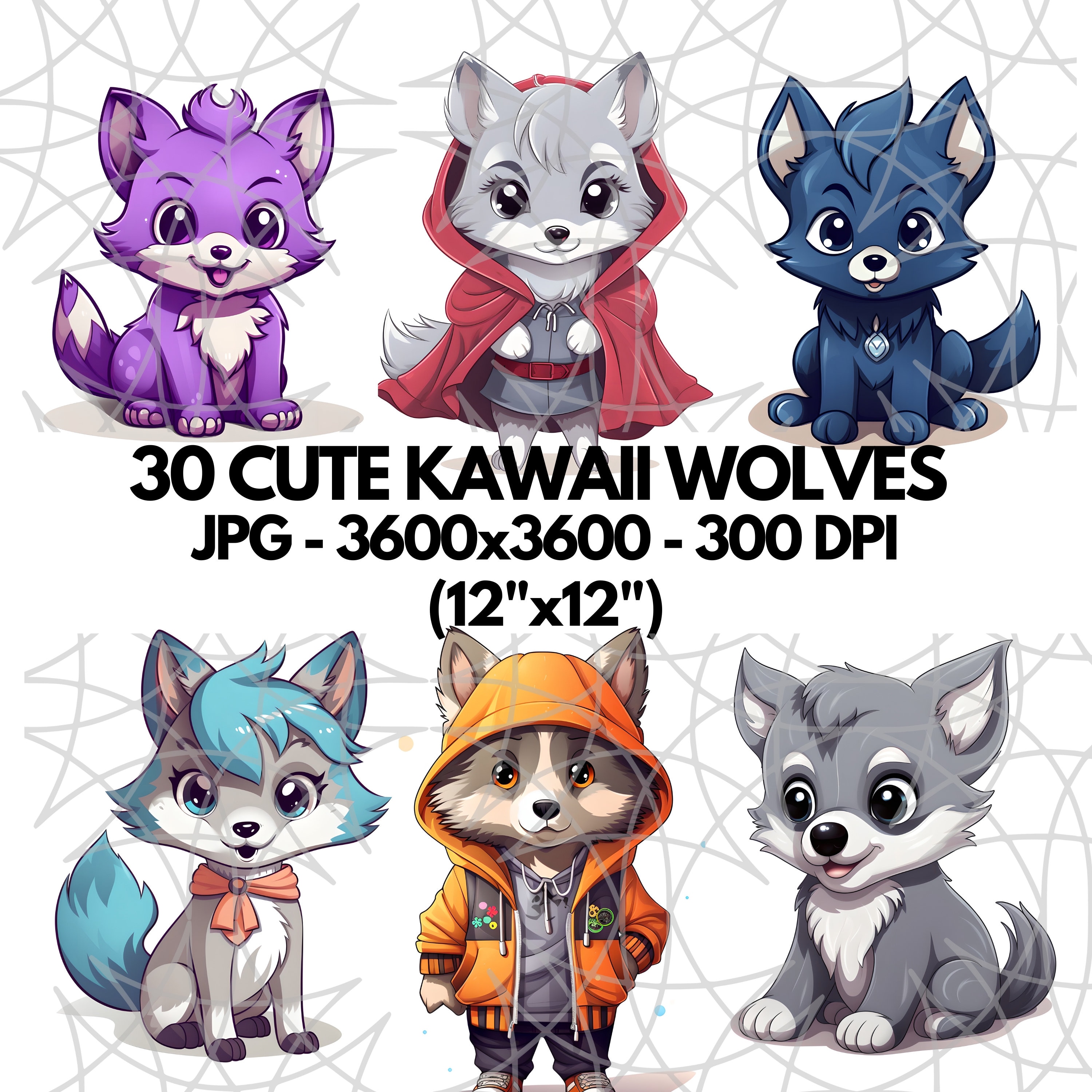 Cute Kawaii Wolf Clipart Bundle - 30 Jpgs of Wolves, Wolf Wall Art ...