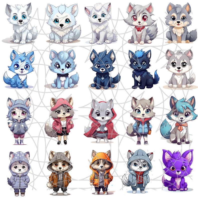 Cute Kawaii Wolf Clipart Bundle - 30 Jpgs of Wolves, Wolf Wall Art ...