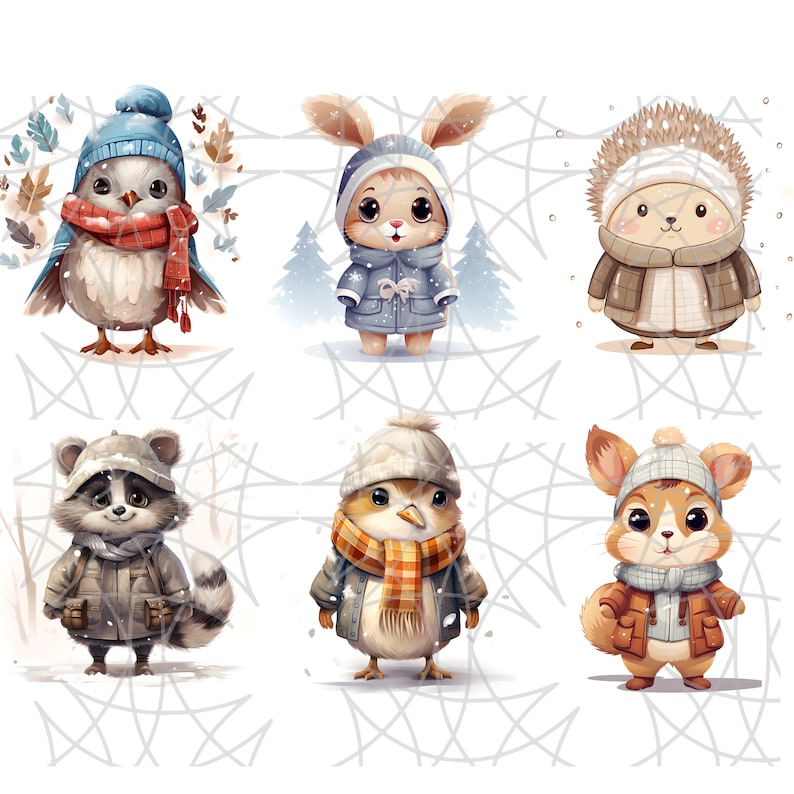 Watercolor Woodland Animals in Winter Clothes Clipart - 20 Cute Winter ...