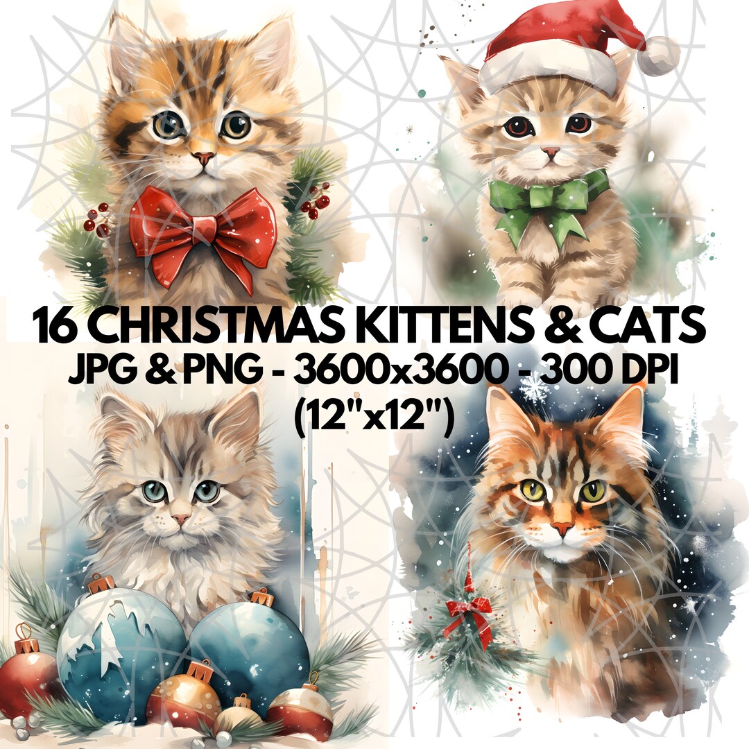 Cute Christmas Kitten Clipart Set - 16 PNG Xmas Kittens for Commercial ...
