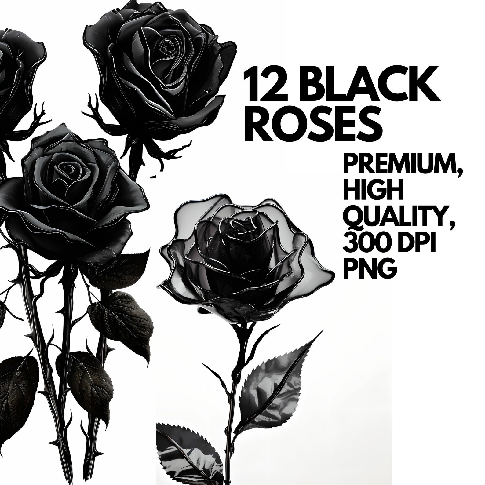 Elegant Black Rose Clipart Set - 12 PNG Digital Flowers for Commercial ...