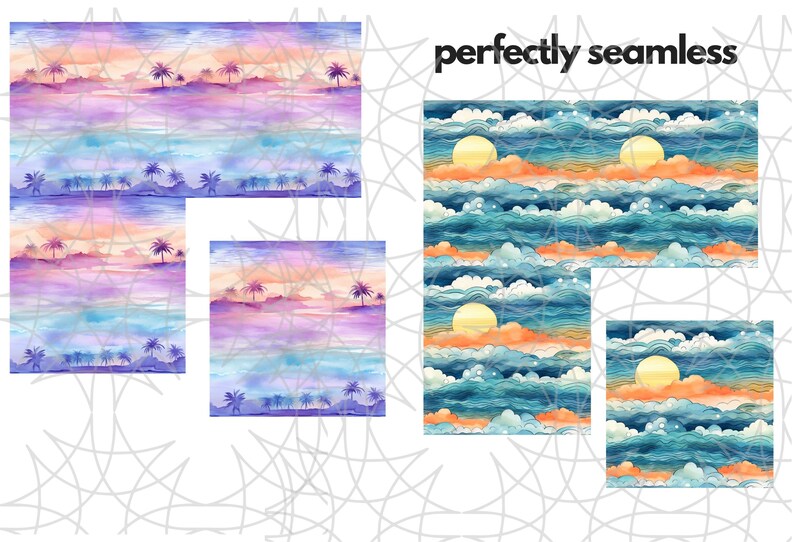 Watercolor Sunset Seamless Pattern, Watercolor Beach Sunset Digital ...