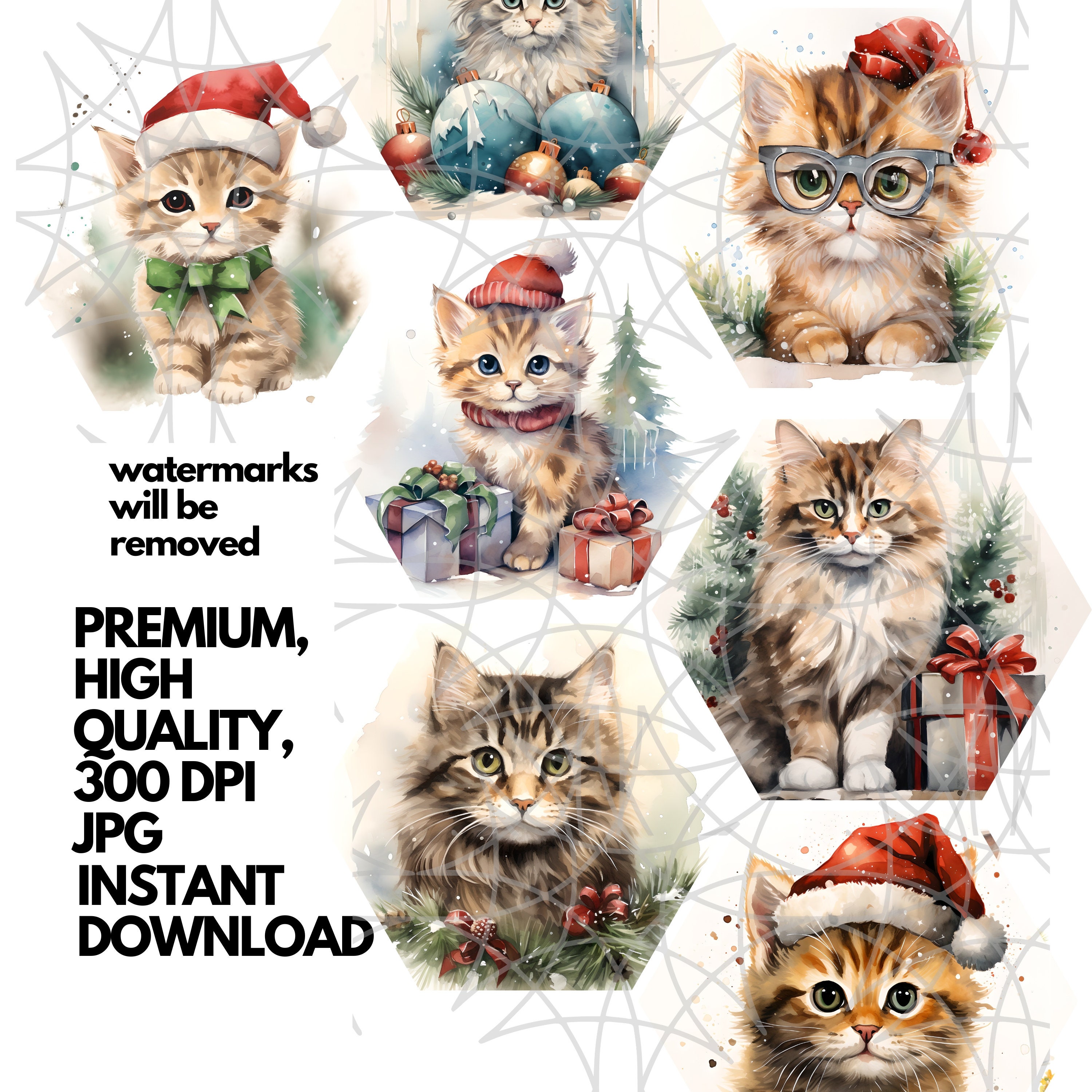 Cute Christmas Kitten Clipart Set - 16 PNG Xmas Kittens for Commercial ...