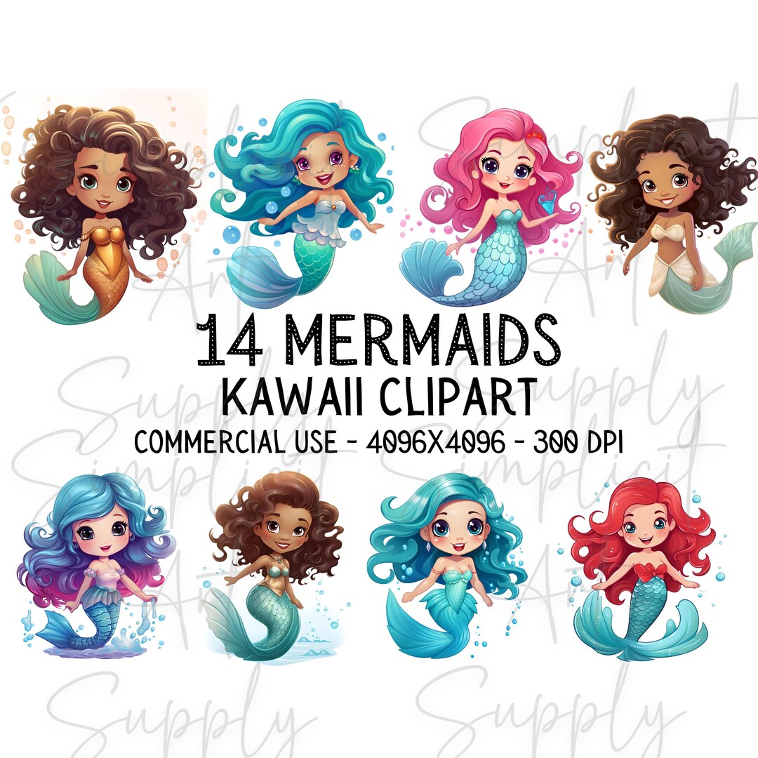 Kawaii Little Mermaid Clipart Bundle, 14 Mermaid Pngs for Birthday ...