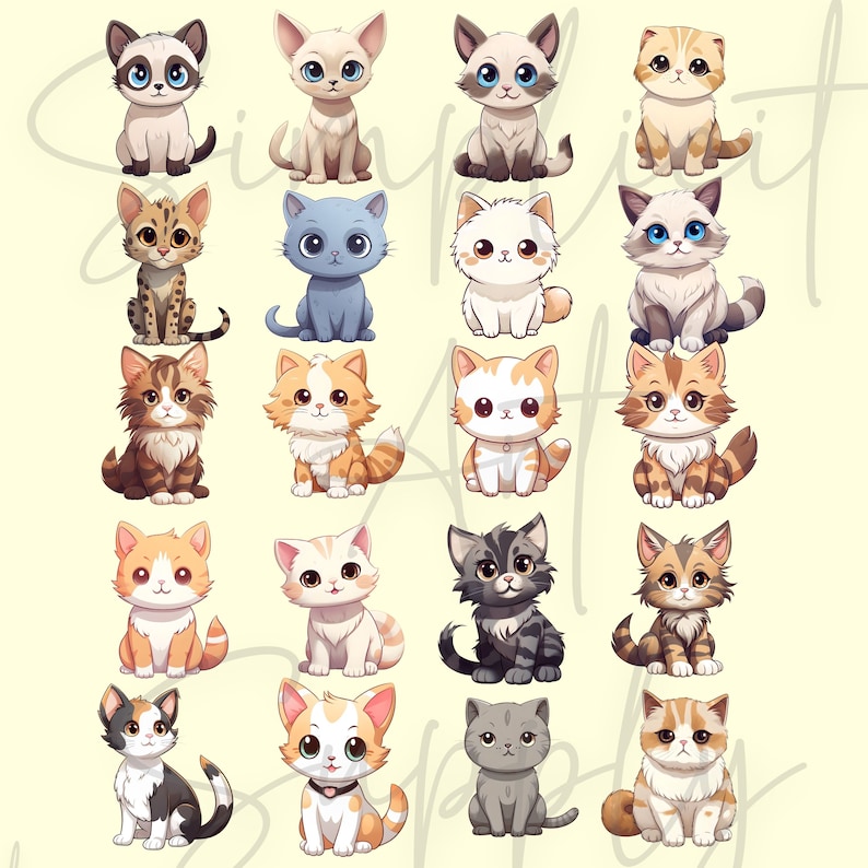 35 Cute Kawaii Cats PNG Clipart Bundle Card Making Graphics - Etsy