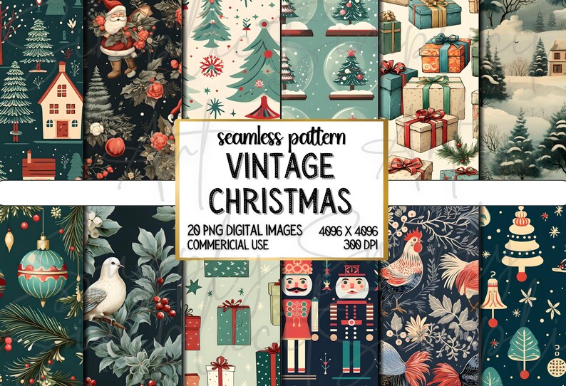 Seamless Vintage Christmas Digital Paper Patterns, Retro Winter Holiday ...