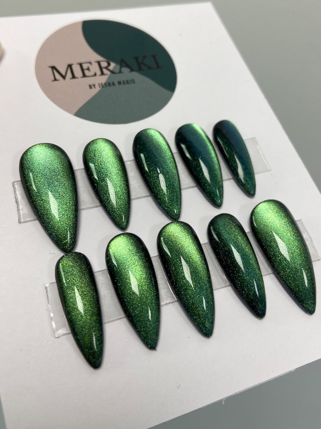 Cat Eye Velvet Green Press on Nails | Handmade Custom Nails | Apres ...