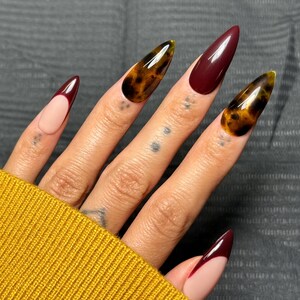 Maroon Red Tortoise Shell Press on Nails |french Tip Autumn Fall Nails ...