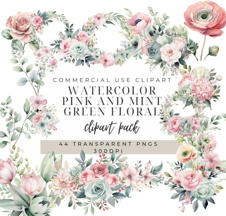 Wedding Flower Clipart Png | Green Tones | Commercial Use | Pink Mint ...