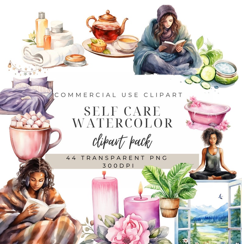 Self Care Clipart | Watercolor Girl Clipart | Healthy Food | Me Time ...