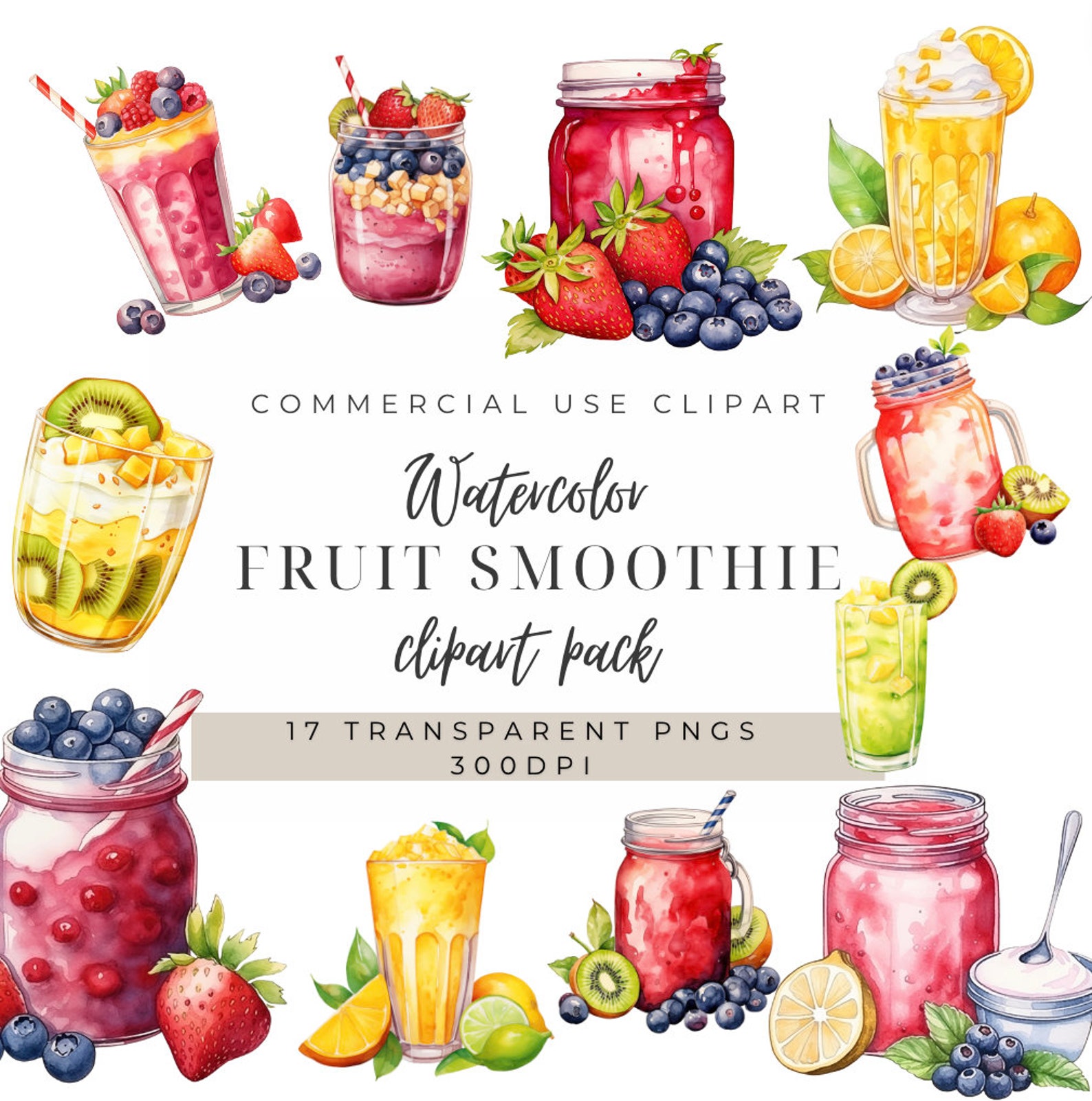 Watercolor Fruit Smoothie Clipart: 17 PNG Designs (digital Download) - Etsy