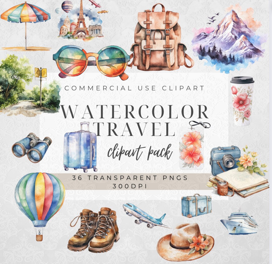 Watercolor Travel Clipart: 36 PNG Illustrations (commercial Use) - Etsy