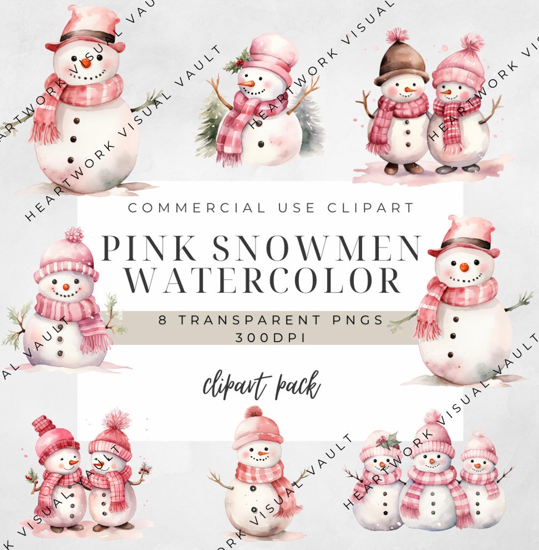 Pink Snowmen PNG | Watercolor Winter Holidays | Pink Christmas | Pink ...