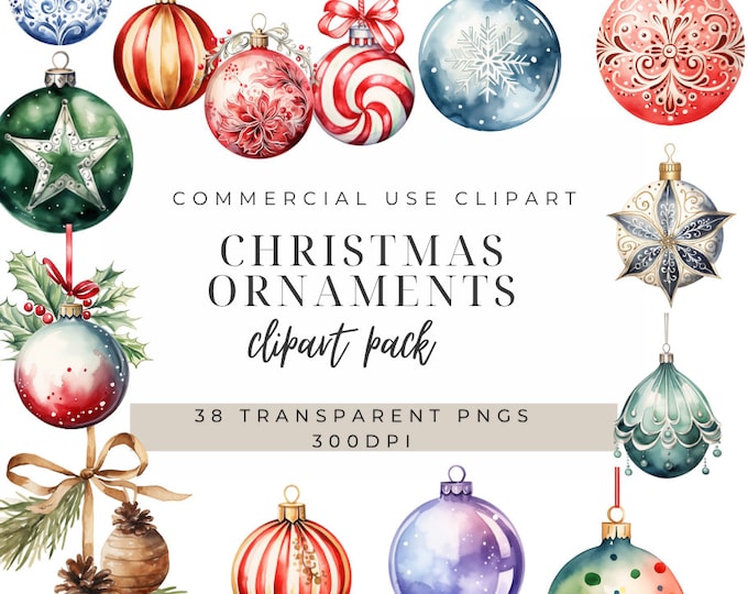 10 Watercolor Christmas Ornament Clipart: Holiday Decor PNG Images ...