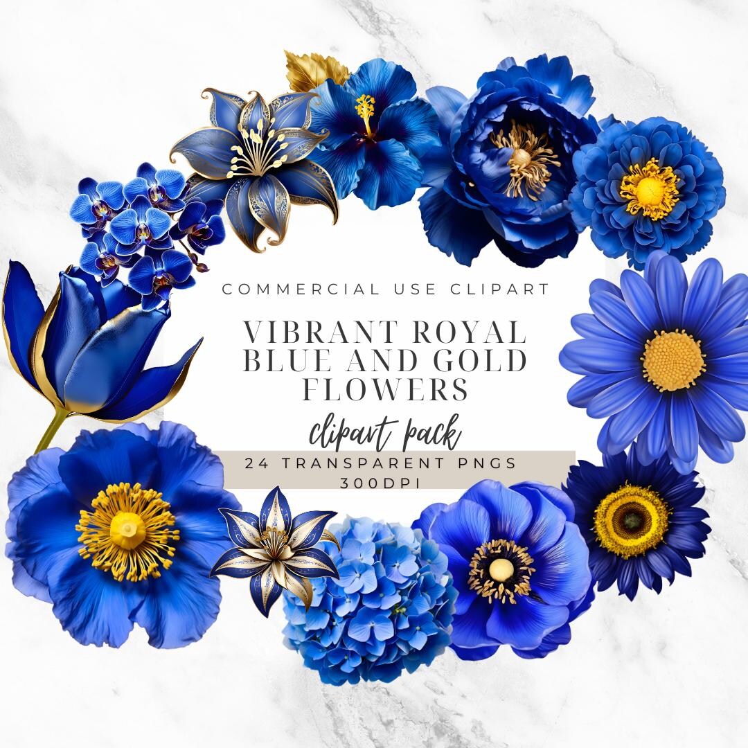 Royal Blue and Gold Floral Clipart - Vintage Wedding Flowers - Digital ...
