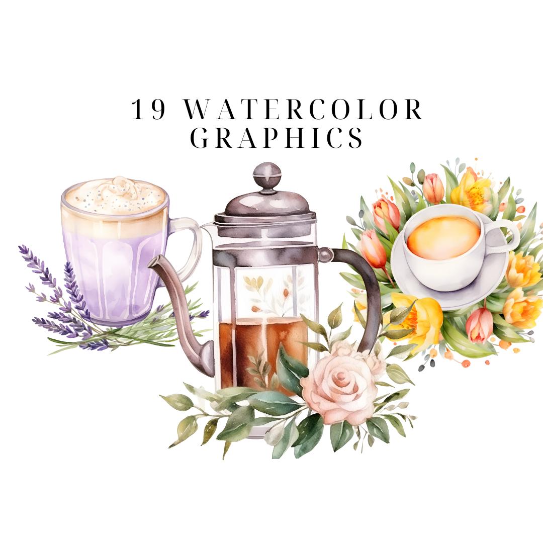 Watercolor Floral Coffee Clipart - PNG Digital Files - Coffee With ...