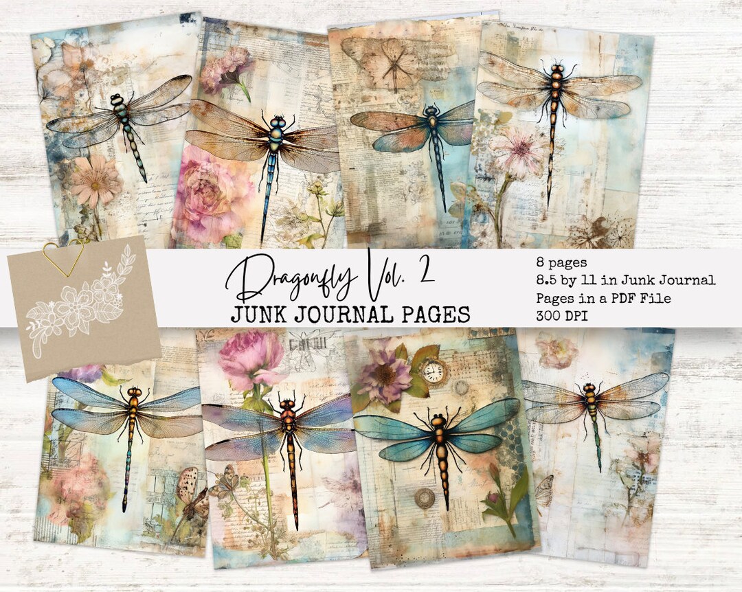 8 Dragonfly Junk Journal Pages Vol. 2 | Digital Download | Junk Journal | Printable Dragonflies ...