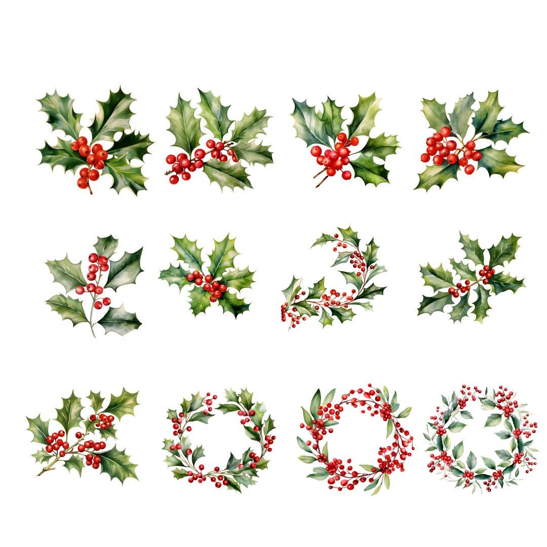 Holly and Berries Clipart Watercolor Christmas Graphics Free Commercial ...