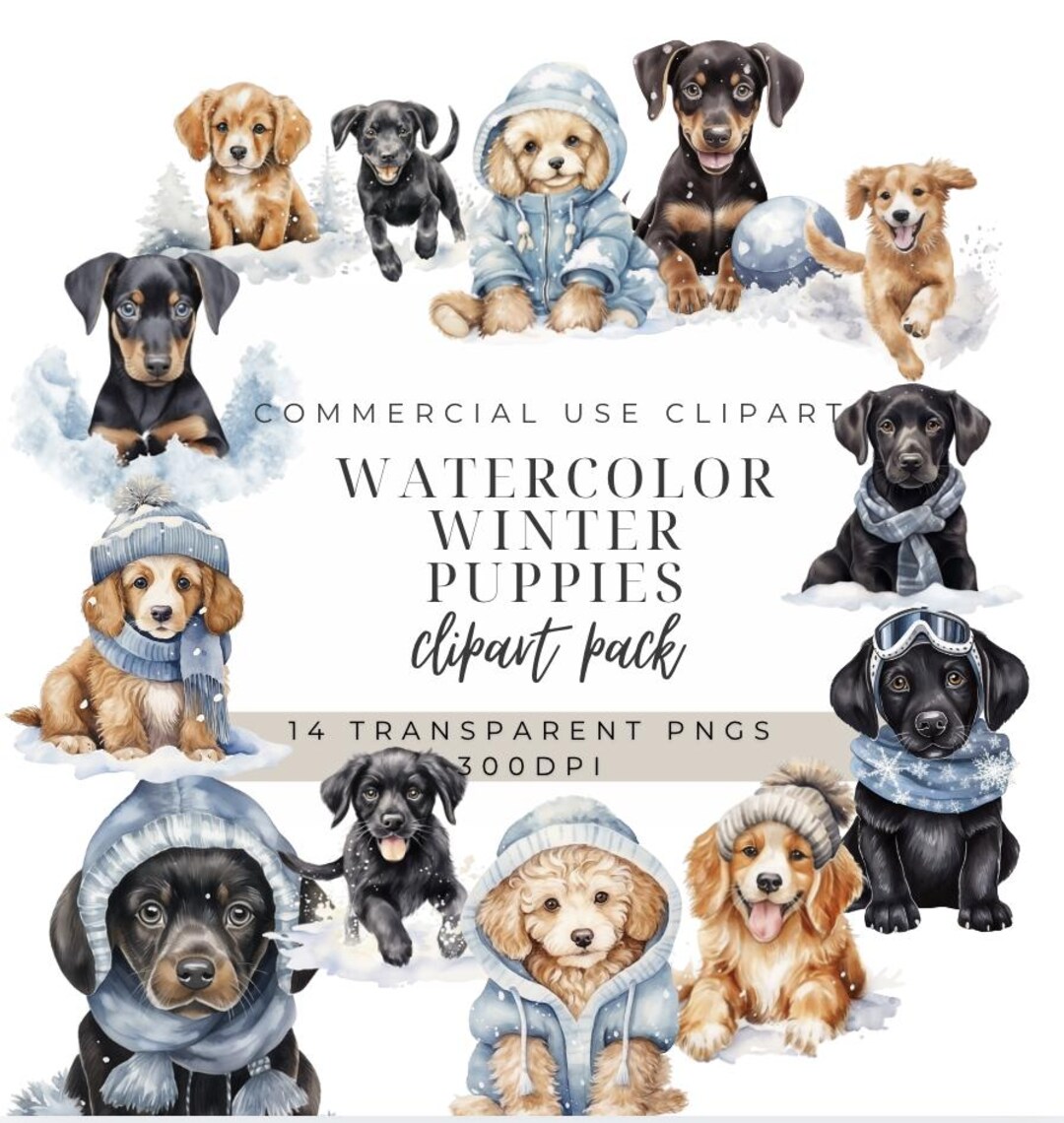 Watercolor Winter Puppies Clipart: Dog Breeds PNG Bundle (digital ...