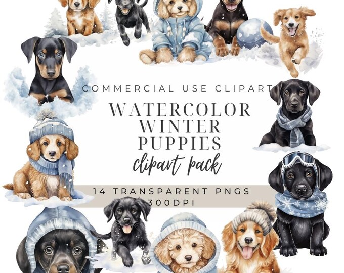 Winter Dogs Watercolor Clipart, Hats and Snowflakes (digital Download ...