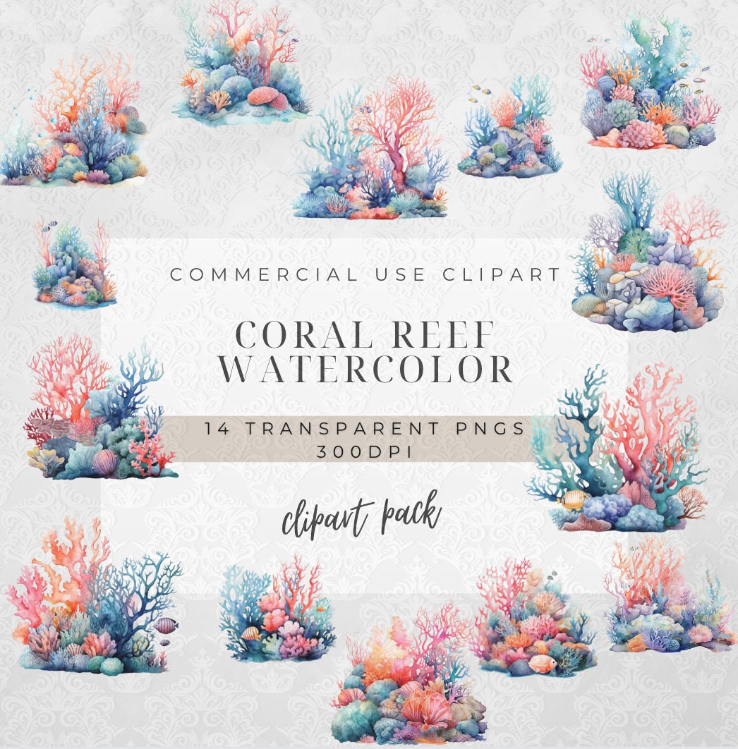 Watercolor Coral Reef Clipart Nautical Clipart. Ocean Clipart. Sea Clip ...