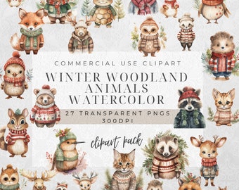 Winter Woodland Animals Clipart: Watercolor PNG Images (commercial Use ...