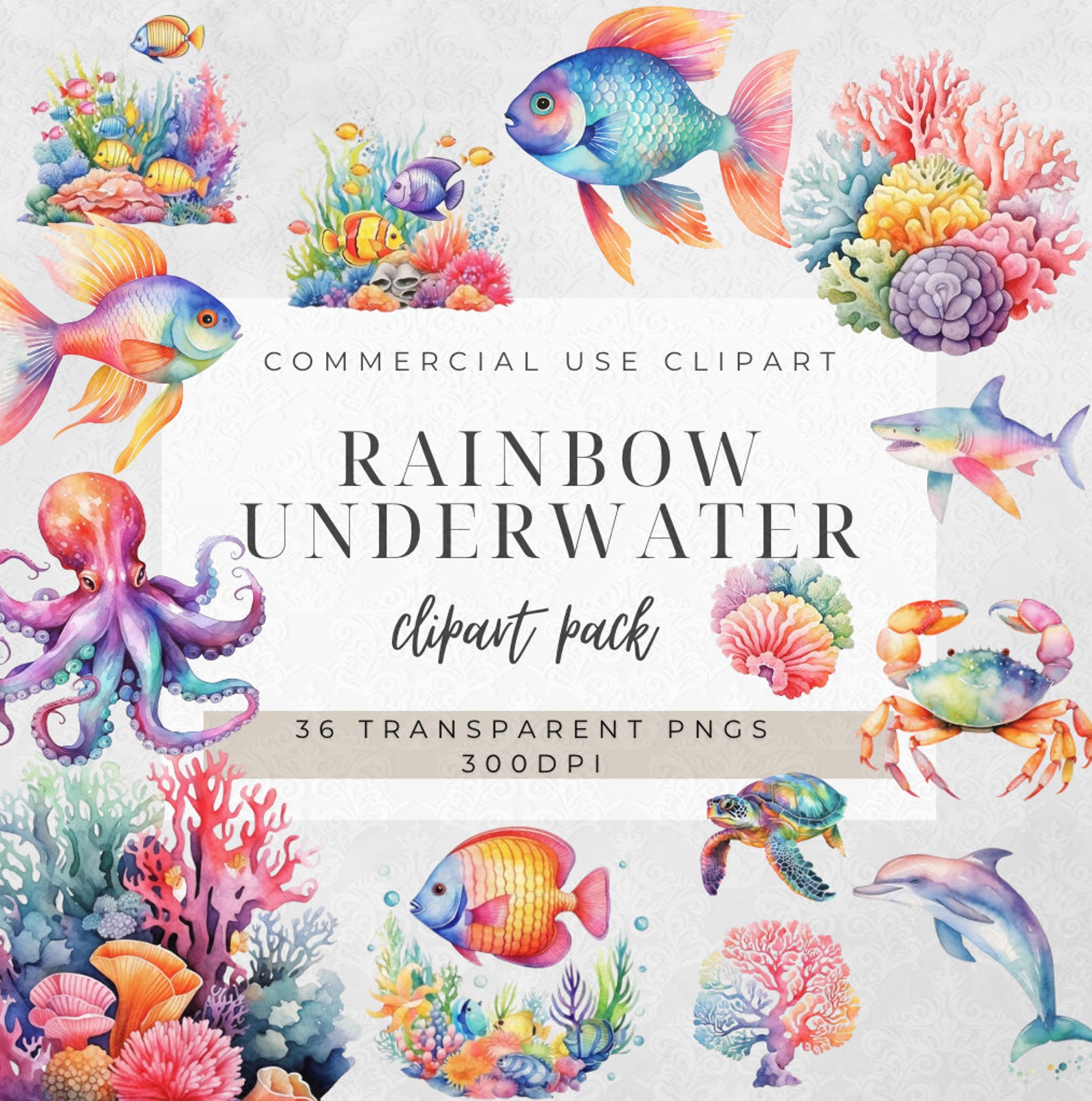 Rainbow Watercolor Underwater Clipart | Coral Reef Clipart | Rainbow ...