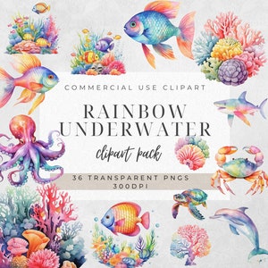 Rainbow Underwater Clipart: Watercolor Sea Animals (digital Download ...