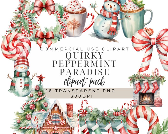 Peppermint Christmas Clipart: Candy Canes, Hot Cocoa (PNG Digital ...