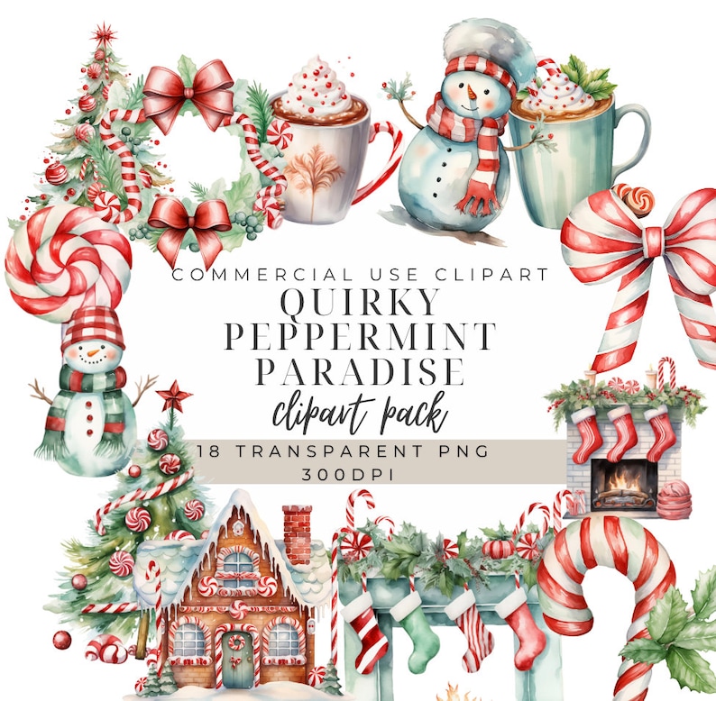 Peppermint Christmas Clipart: Candy Canes, Hot Cocoa (PNG Digital ...
