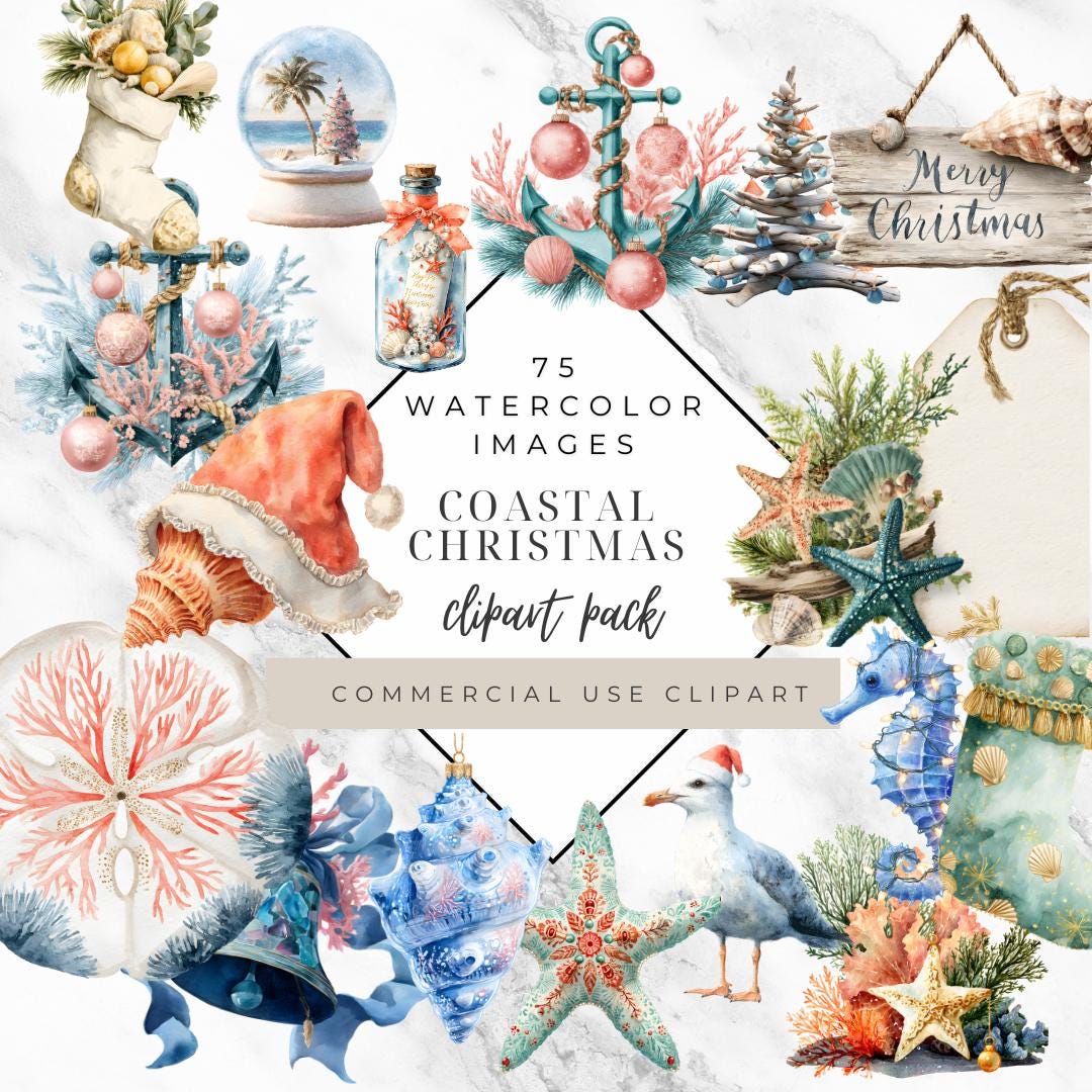 Coastal Christmas Watercolor Clipart Set – 300 DPI - Etsy