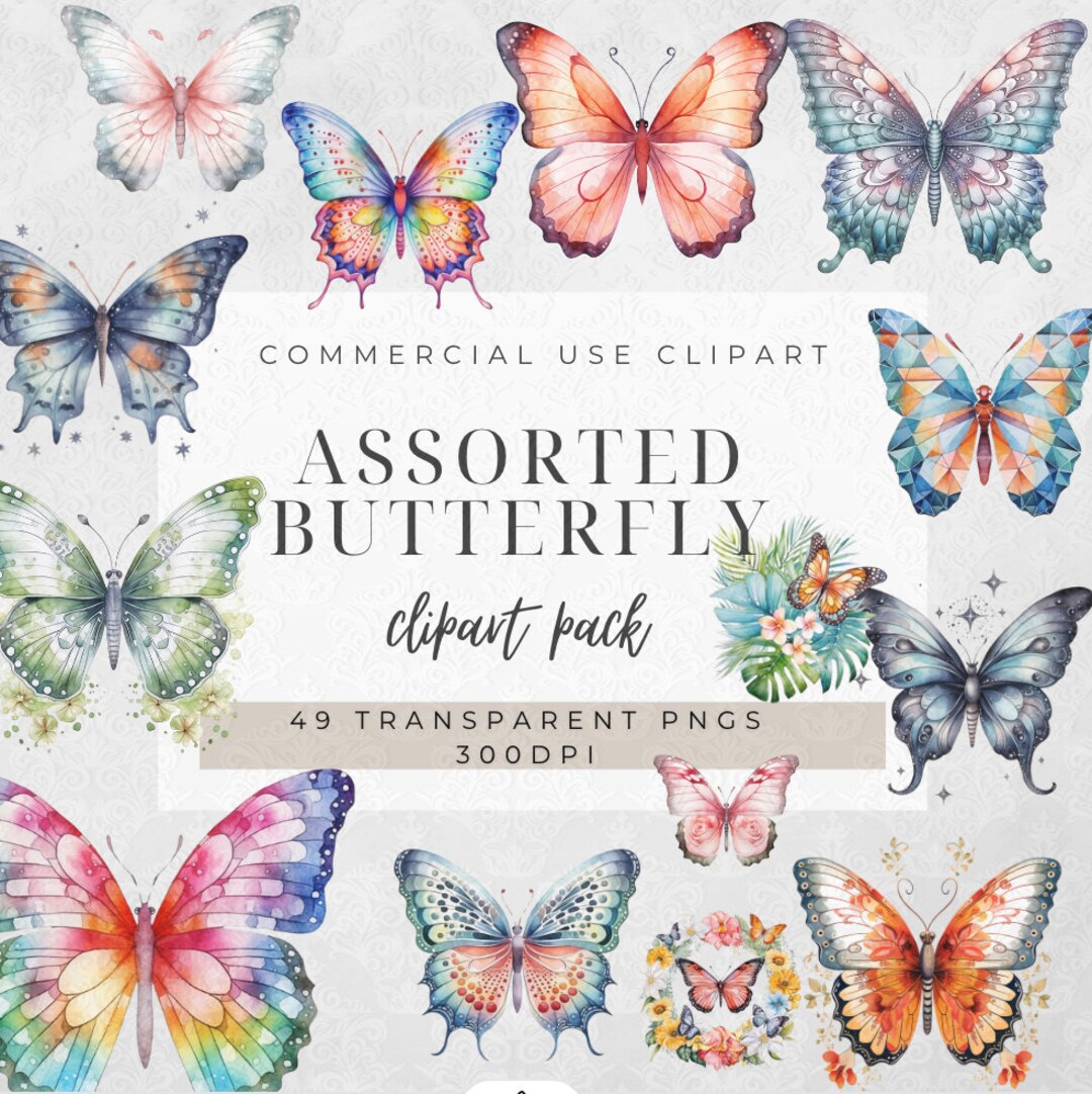 Watercolor Butterfly Clipart: Assorted Wing Patterns (49 Transparent ...