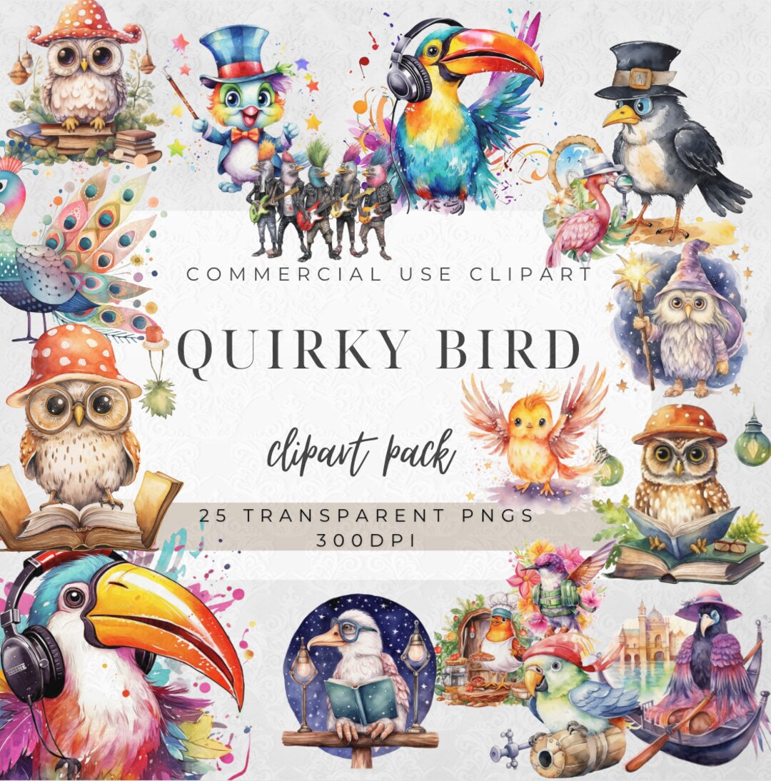 Whimsical Birds Clipart: Watercolor PNG Collection (digital Download ...