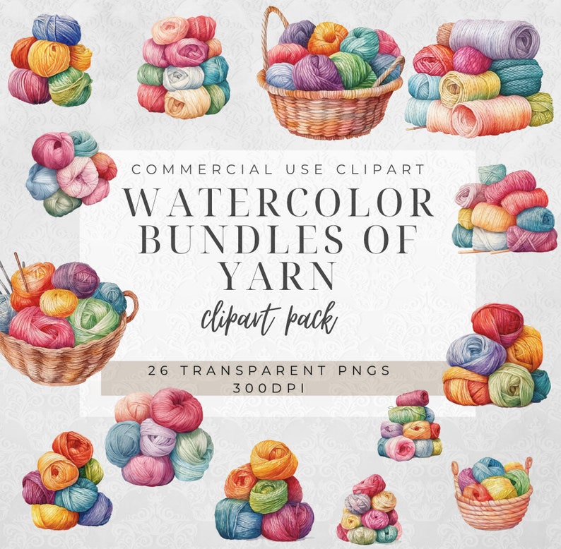 Watercolor Yarn Bundles Clipart: Crochet & Knitting PNG (digital ...