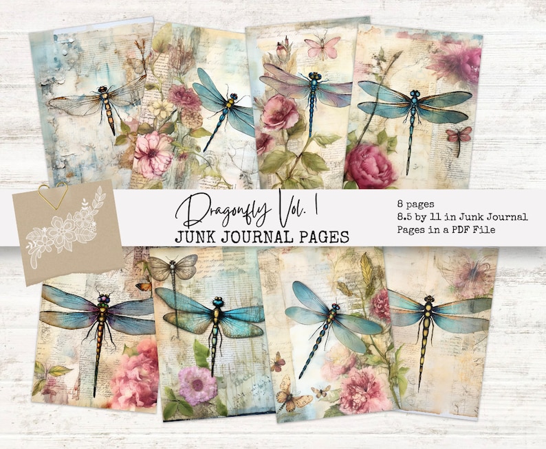 8 Dragonfly Junk Journal Pages Vol. 1 | Digital Download | Junk Journal ...